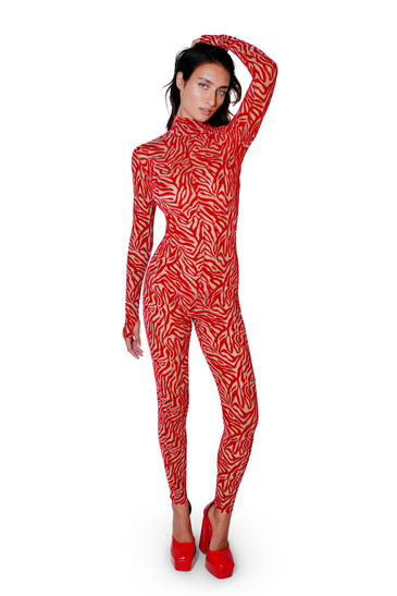 Open back jumpsuit with red tiger pattern Kendall – Perilla Intimates