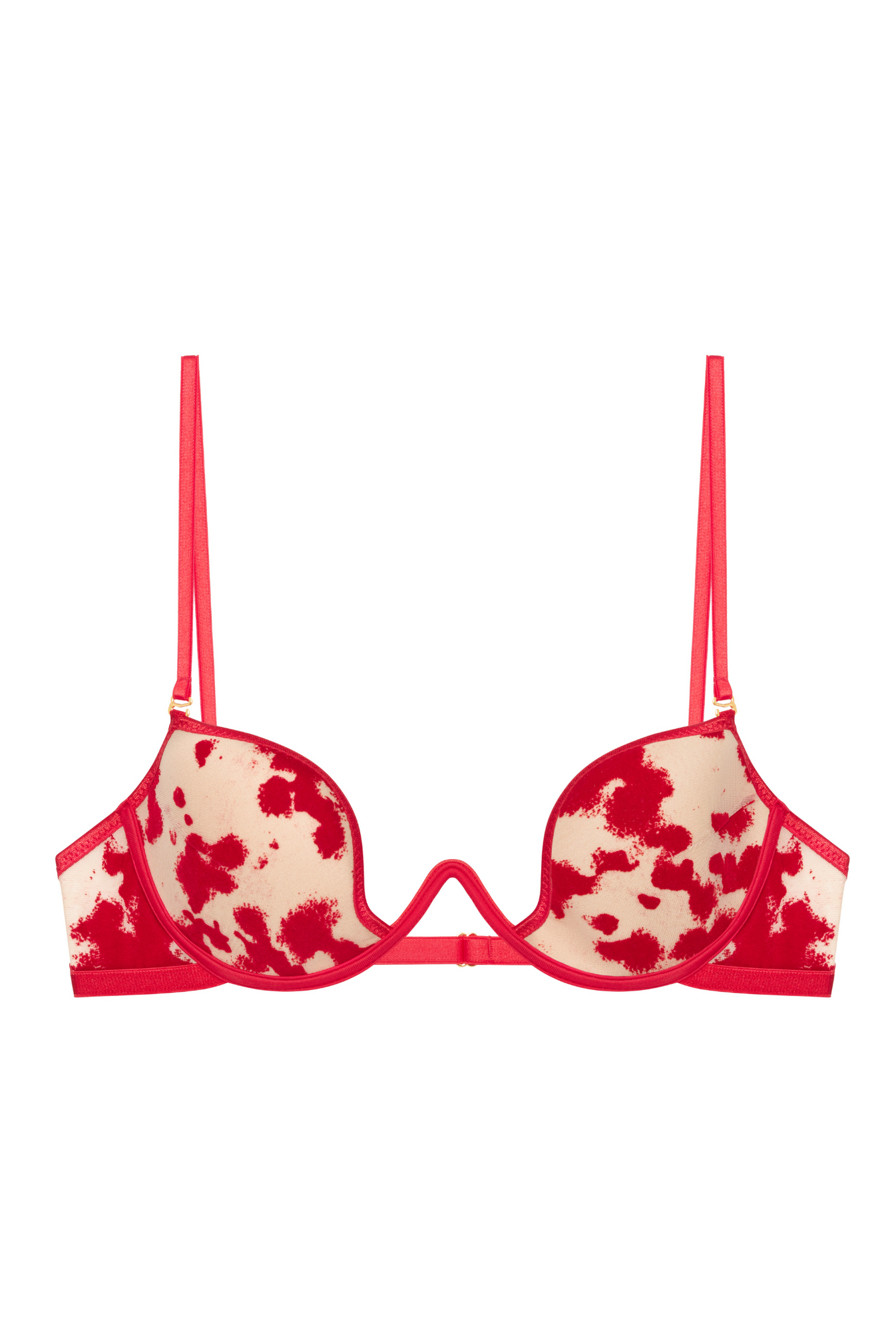 Modeling red Harlow bra with velvet design – Perilla Intimates